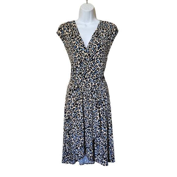 BCBG | Dresses | Bcbg Leopard Print Wrap Dress Blue Black And Cream | Poshmark